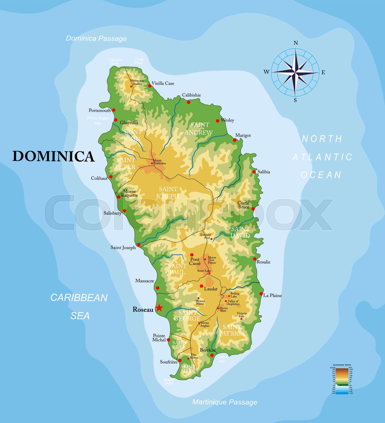 Dominica island highly detailed physical map | Stock vector | Colourbox