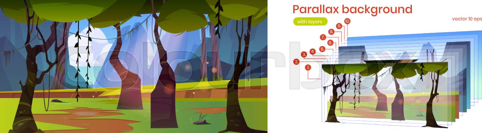 Parallax background with jungle and mountains | Stock vector | Colourbox