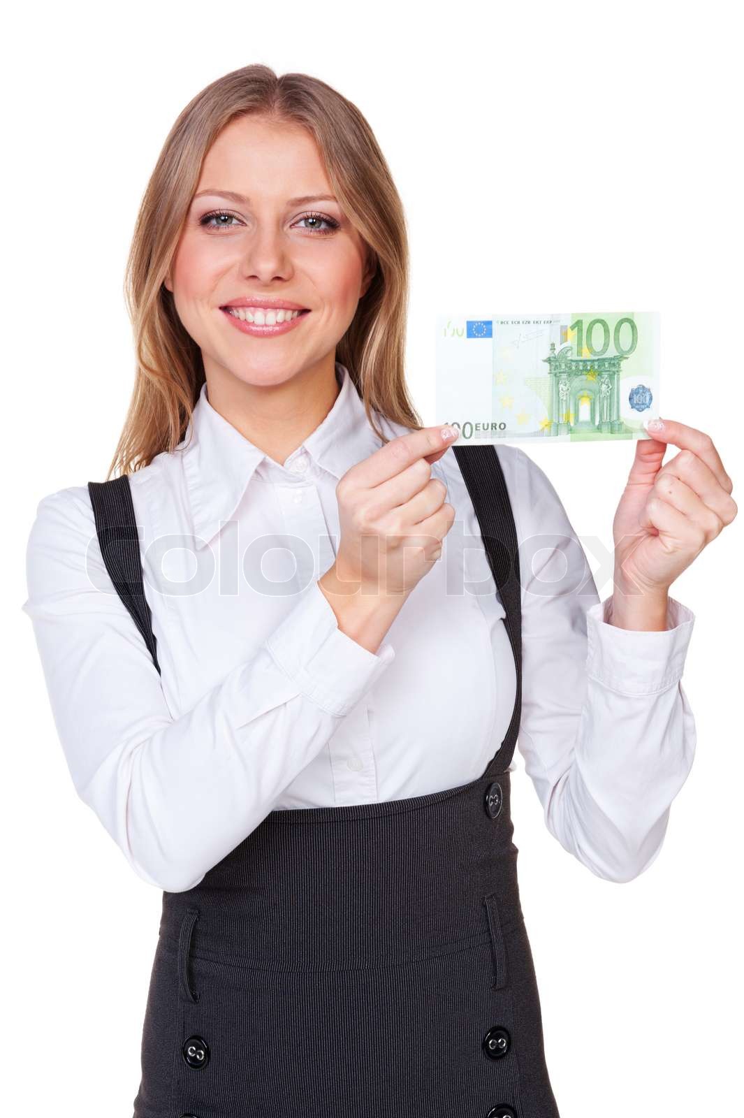 smiley og smuk kvinde viser 100 € over hvid baggrund | Stock foto ...