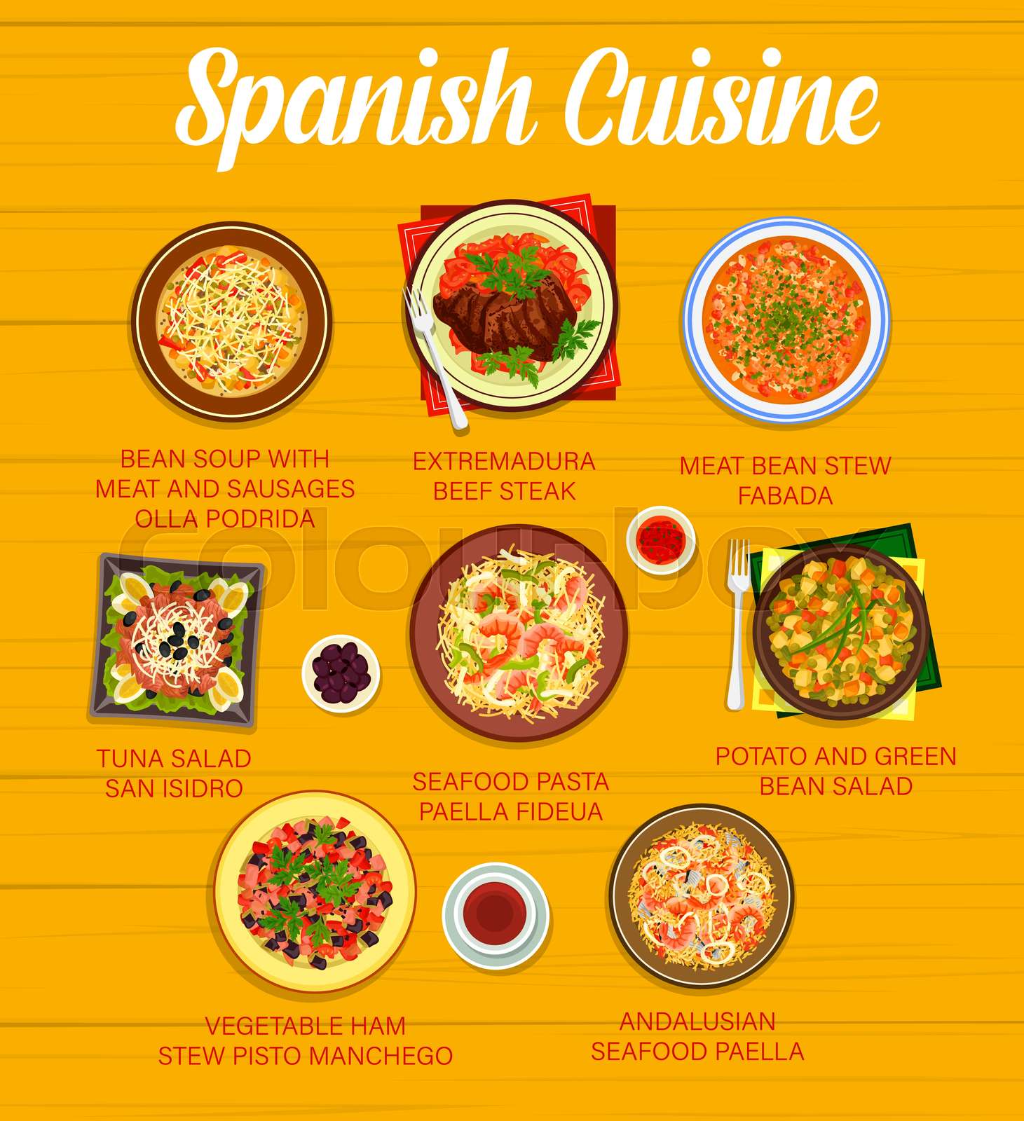 Spanish cuisine menu with restaurant dishes | Stock vector | Colourbox