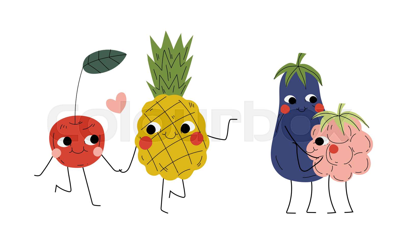 Cute Flushed Fruit and Vegetables Holding Hands and Hugging Vector Set ...