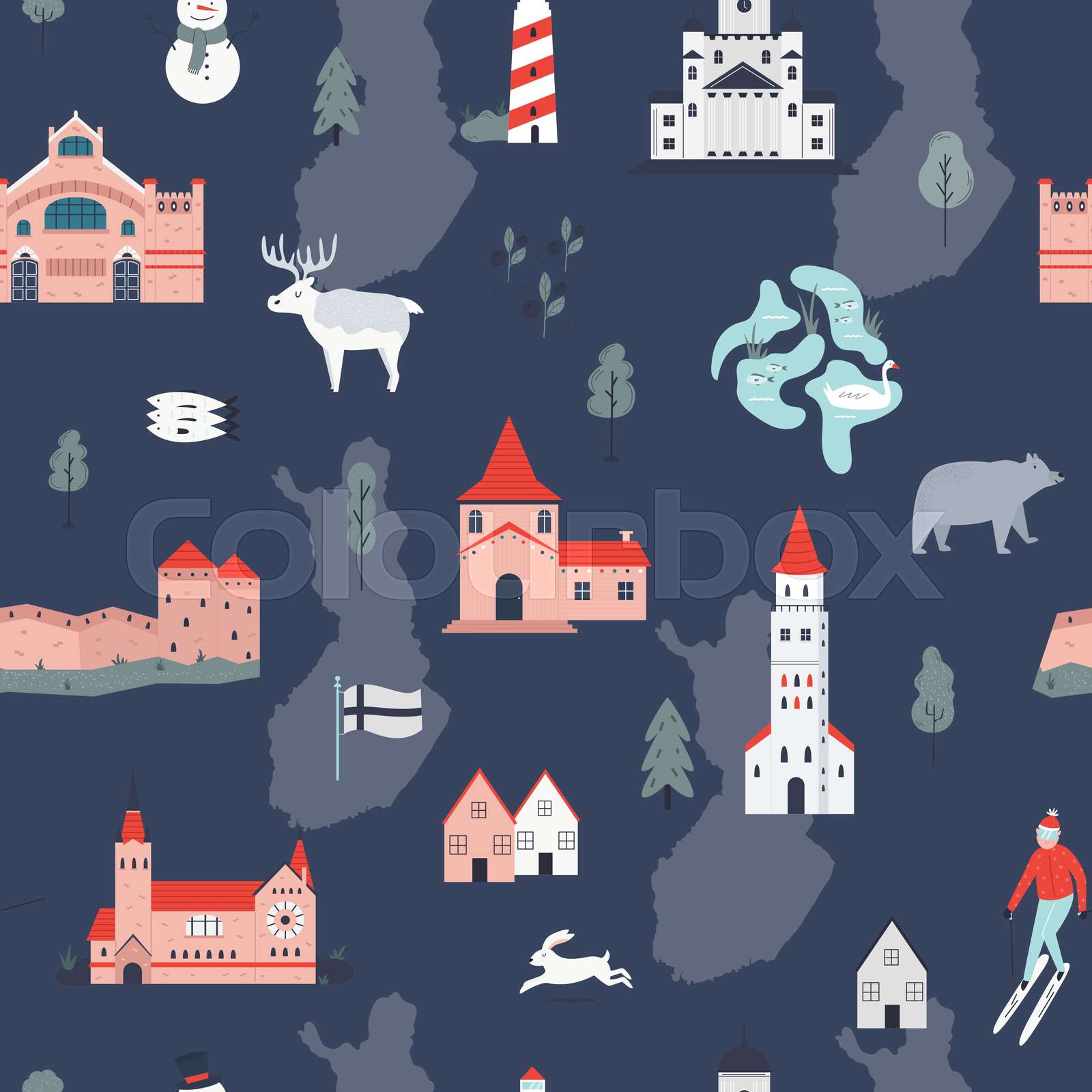Seamless pattern with symbols and landmarks of Finland | Stock vector ...
