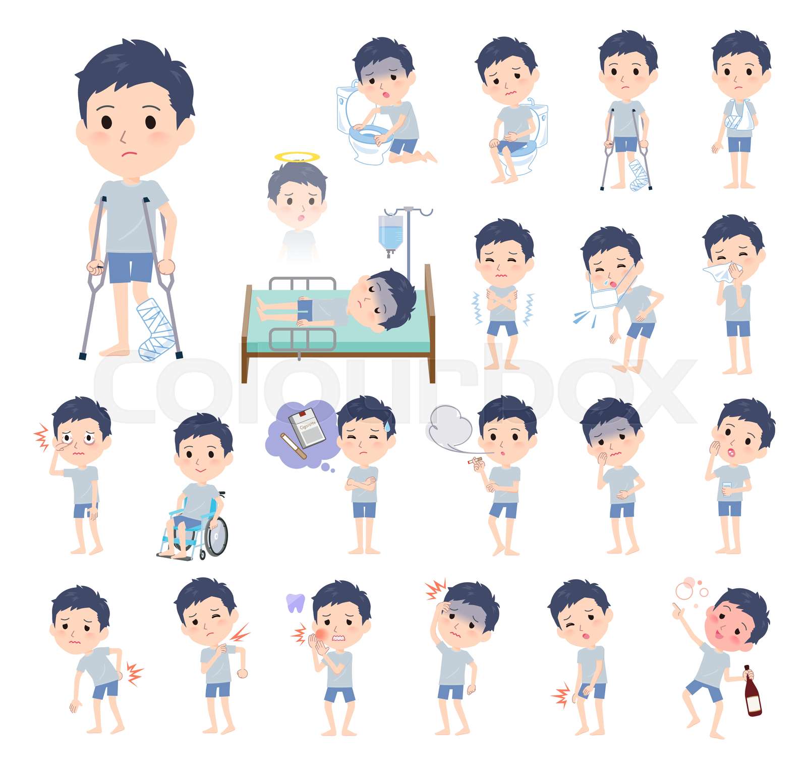 A set of unpaid avatar man with injury and illness | Stock vector ...