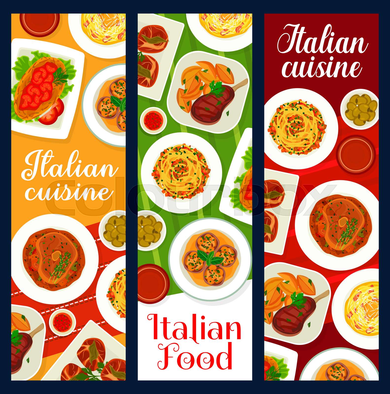Italian cuisine food banners, Italy dishes, pasta | Stock vector ...
