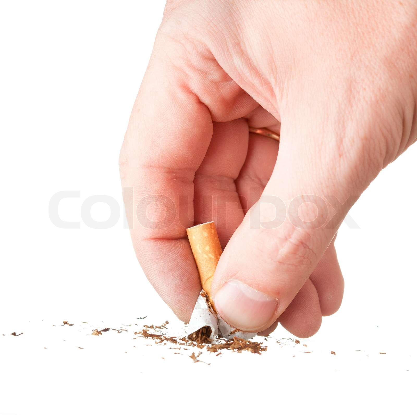 hand extinguishing a cigarette on white | Stock image | Colourbox