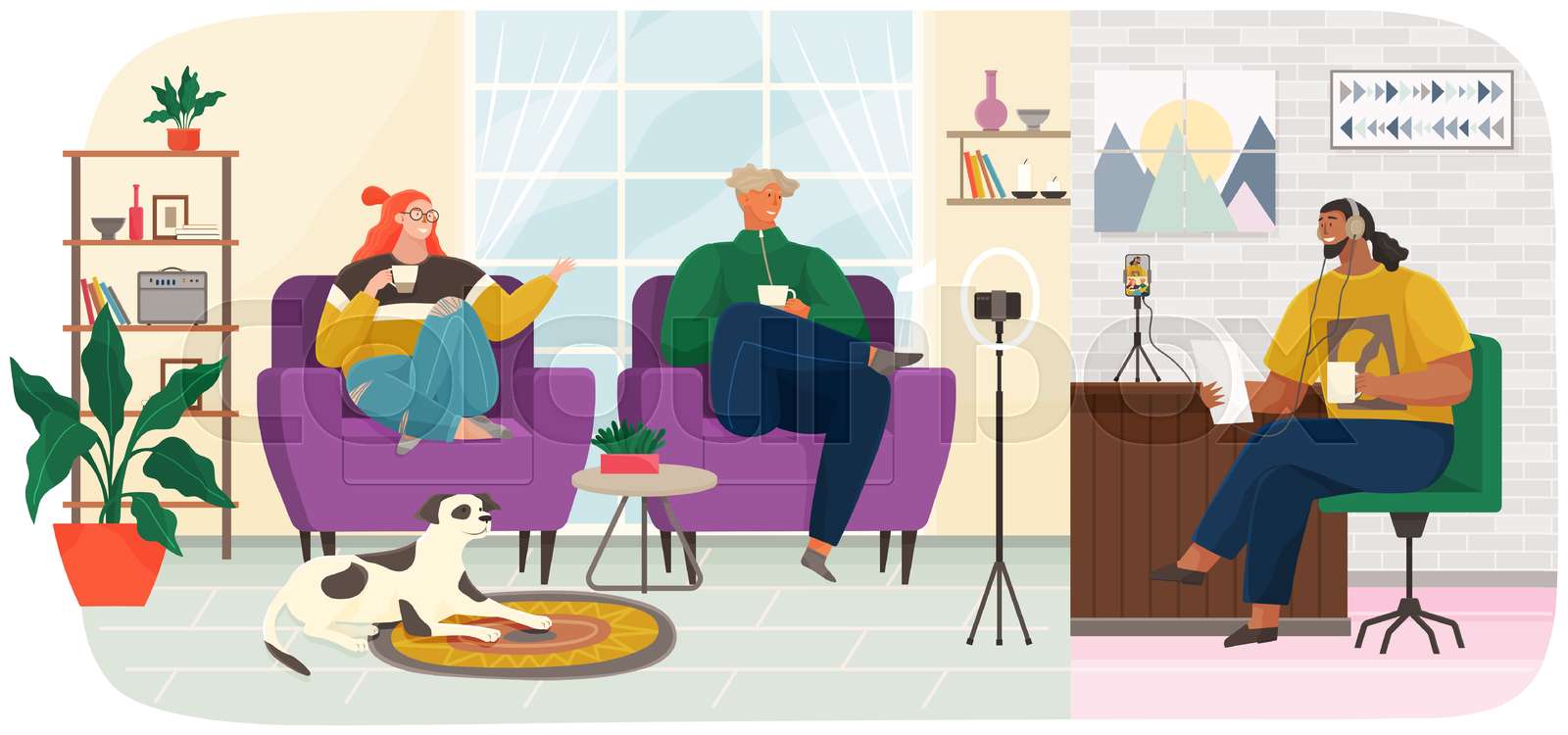 Man with paper interviewing people in studio. Cartoon characters and ...