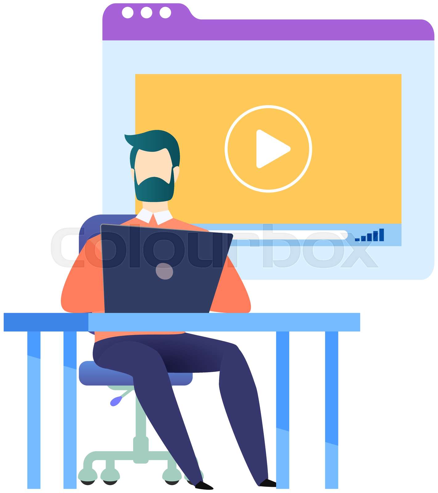 Man with laptop looking at video tutorial on screen. Male character ...