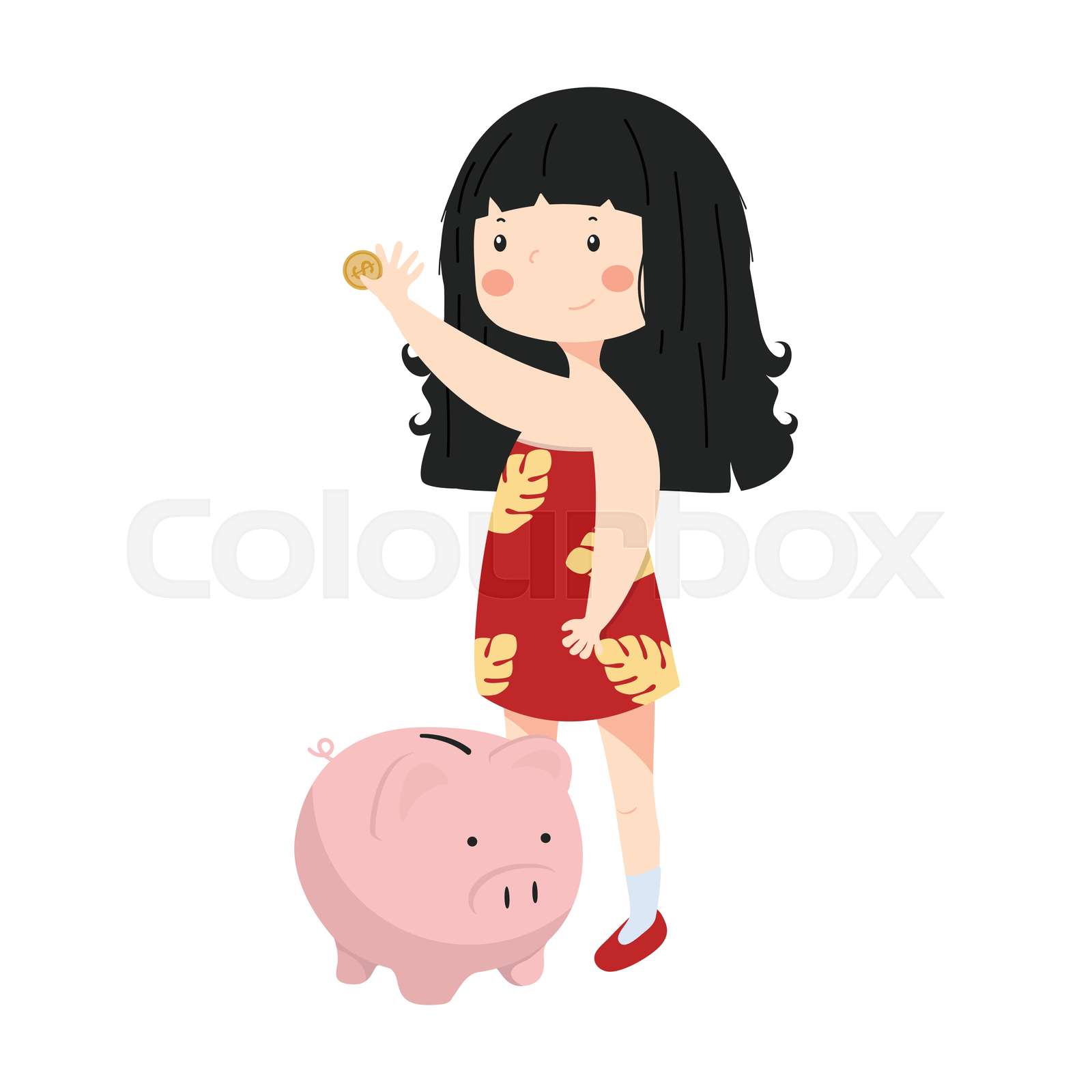little girl putting coin a Piggy bank cartoon | Stock vector | Colourbox