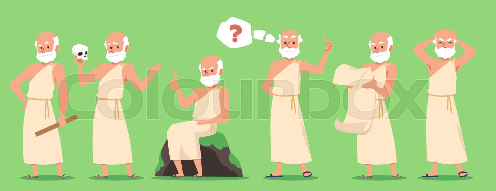 Cartoon male characters in togas and with beards in different poses ...