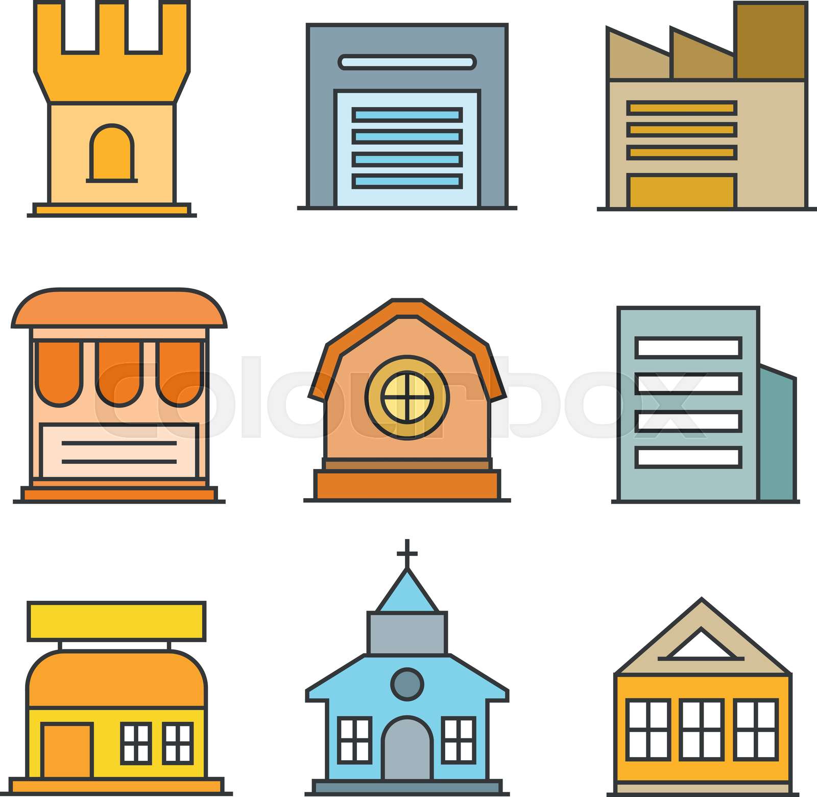building and tower icons set | Stock vector | Colourbox