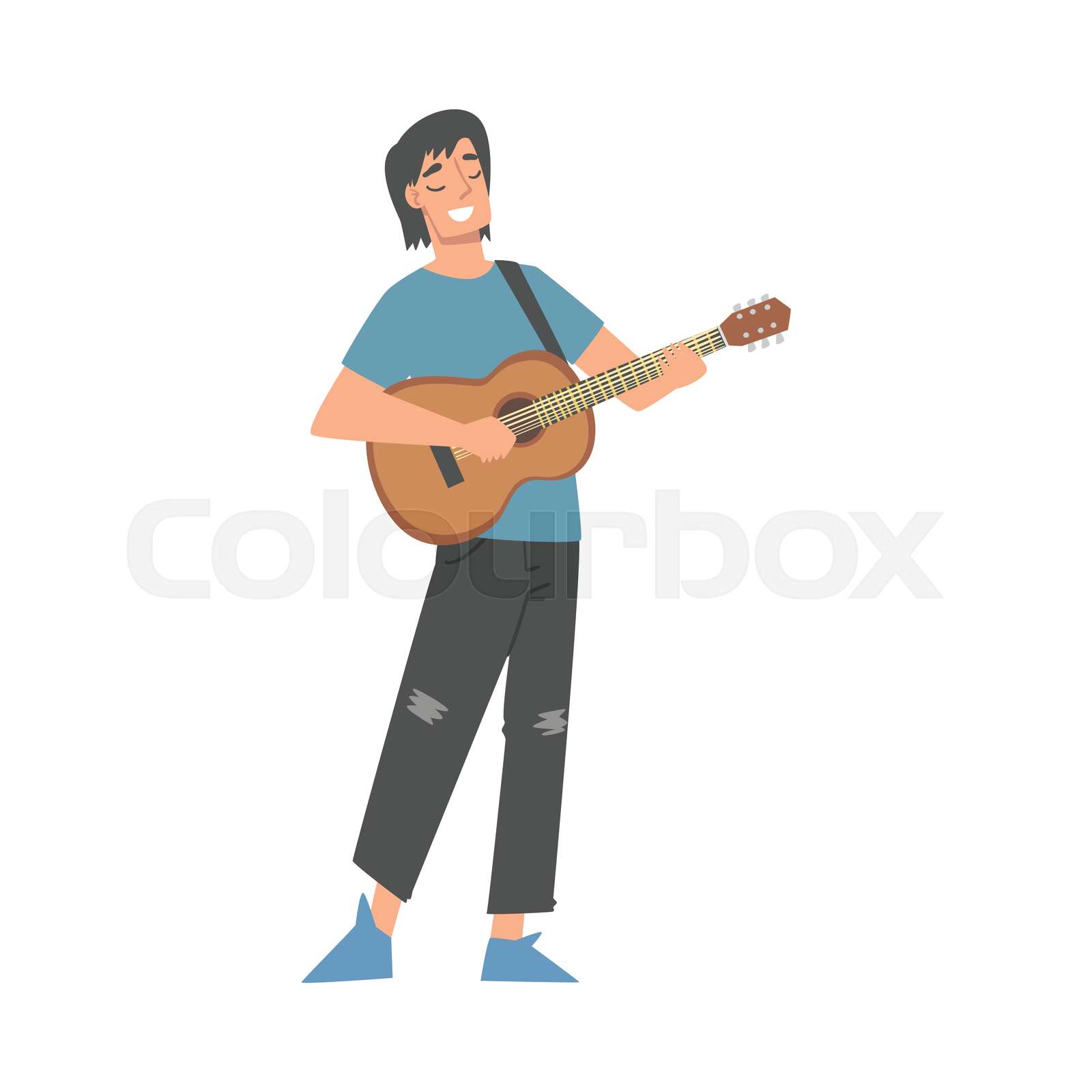 Smiling Man Character Musician Performing Music Playing Guitar and ...