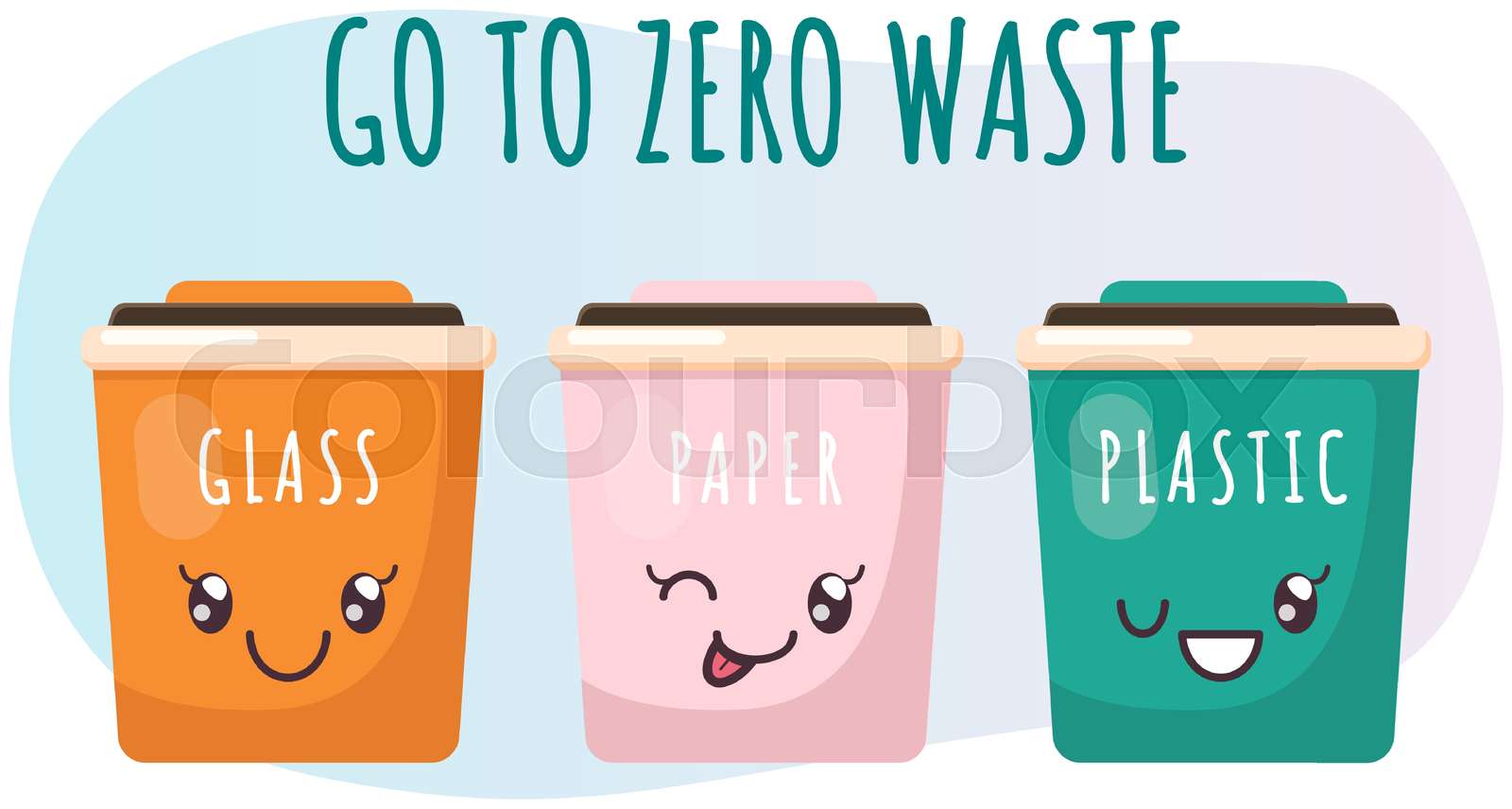 Garbage sorting containers in cute kawaii style. Different recycle bins ...