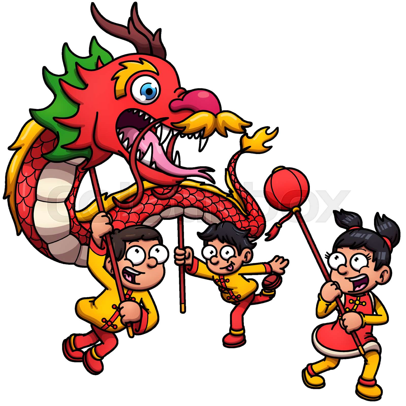 Cartoon Kids Performing A Dragon Dance | Stock vector | Colourbox