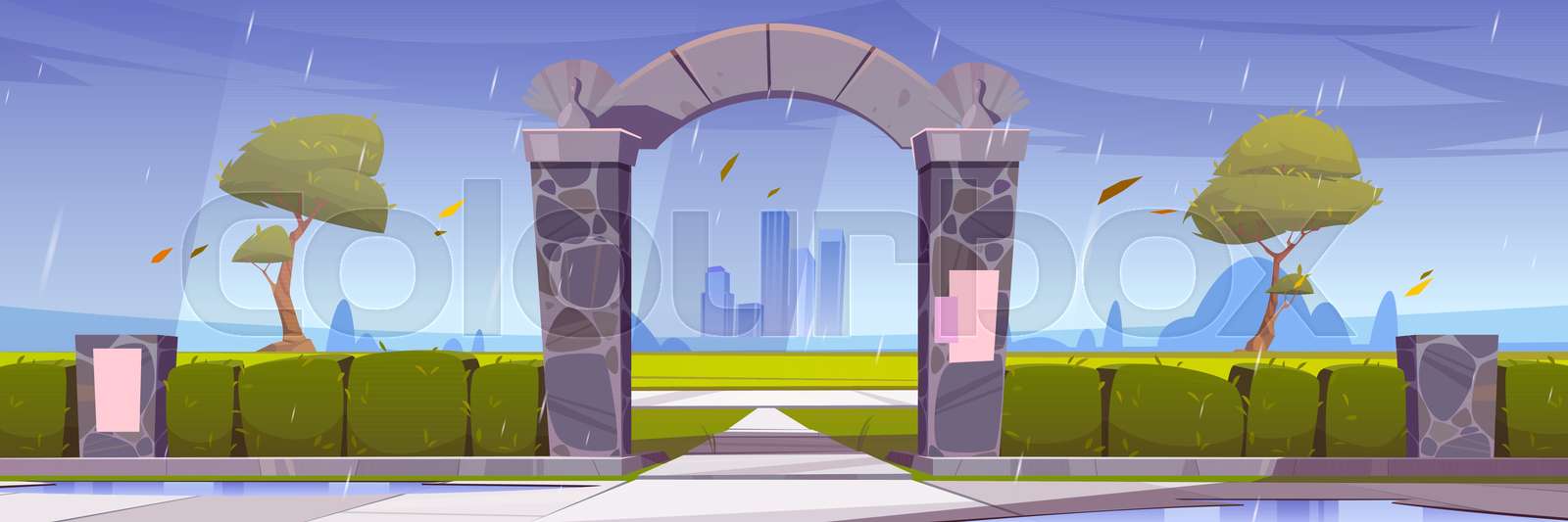Stone gates, entrance to city garden or park area | Stock vector ...