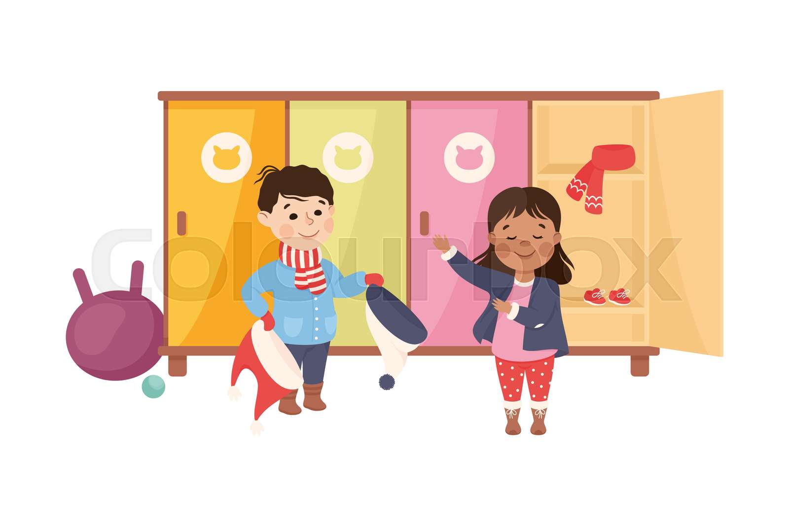 Little Boy and Girl Changing Their Clothes Putting on Coat and Hat ...