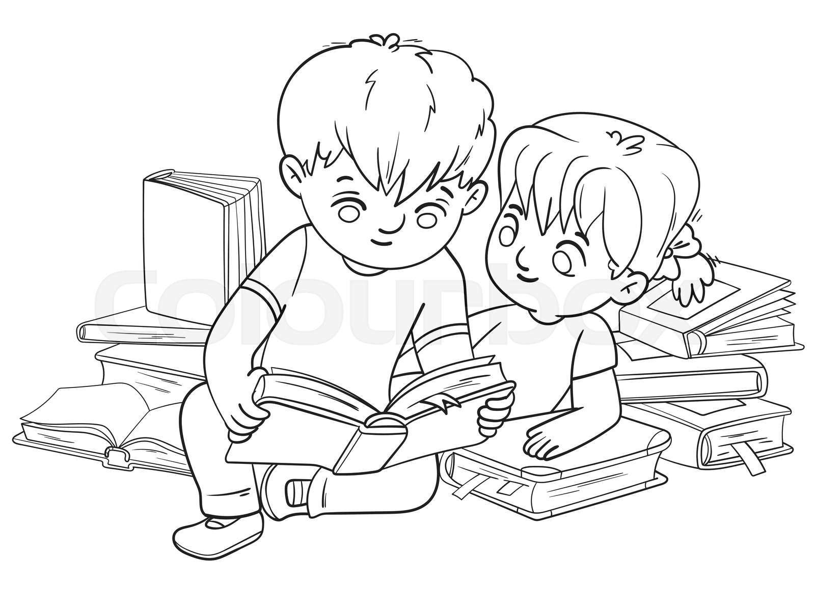 Boy and girl reading fairy tales together. Coloring book | Stock vector ...