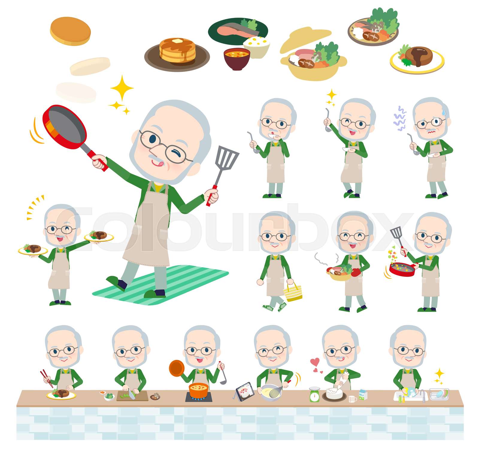 A set of Old man in a green jersey about cooking | Stock vector | Colourbox