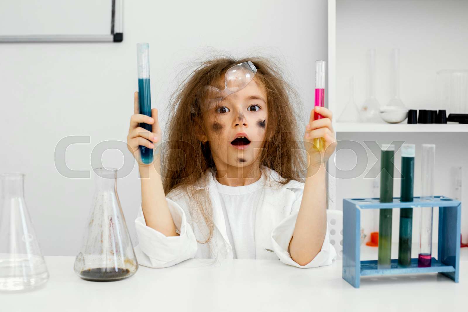 front view girl scientist laboratory with test tubes failed experiment ...