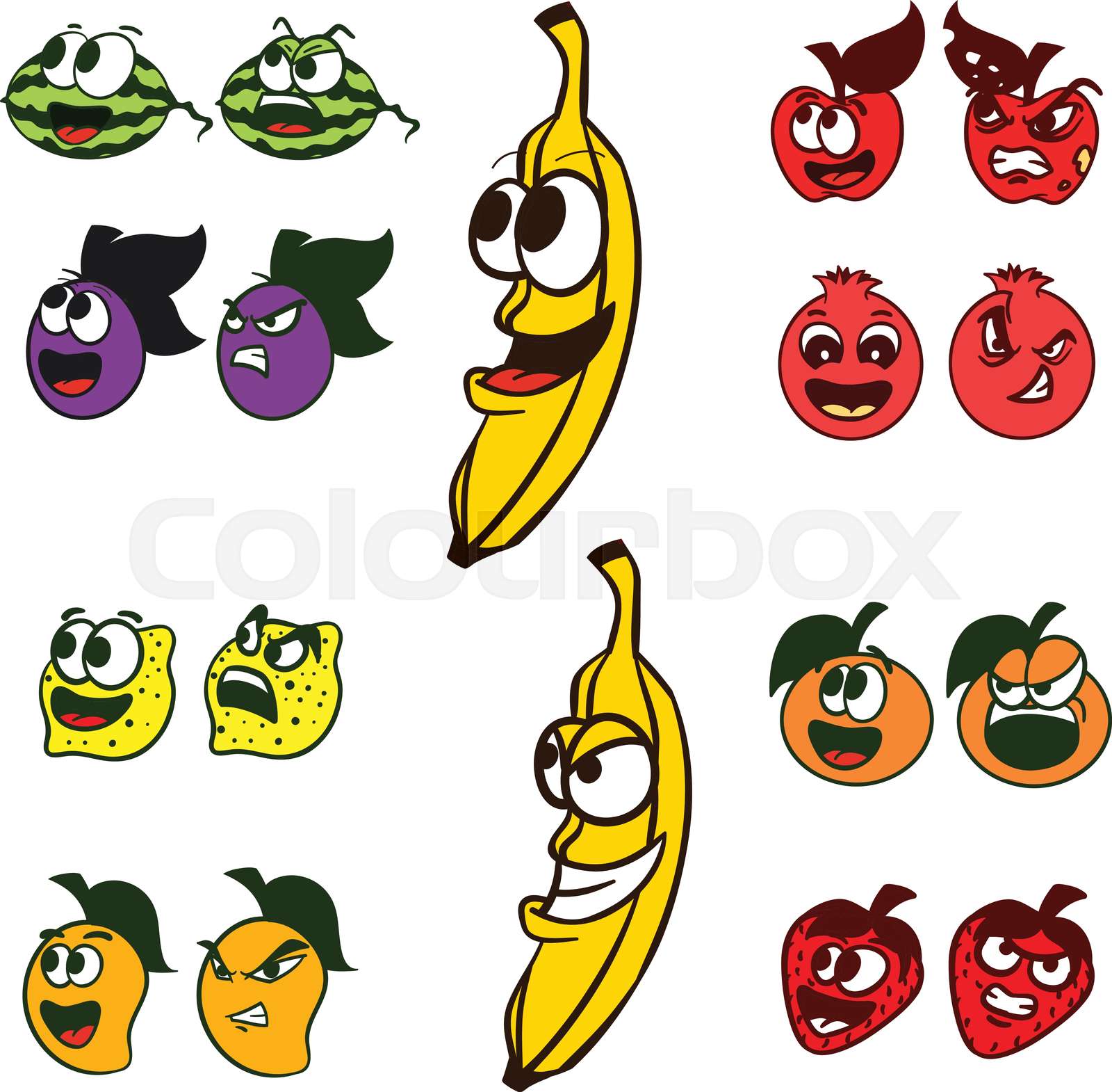 Happy and Angry Fruits and Vegetables Fruits with Smiling Face and ...