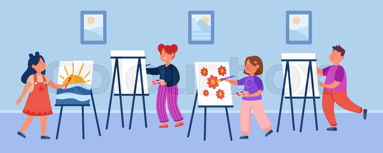 Cartoon kids at drawing lesson flat vector illustration | Stock vector ...