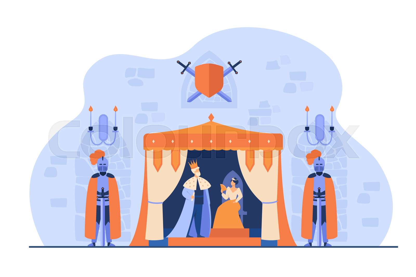 Medieval king and queen on throne under guard of knights | Stock vector ...