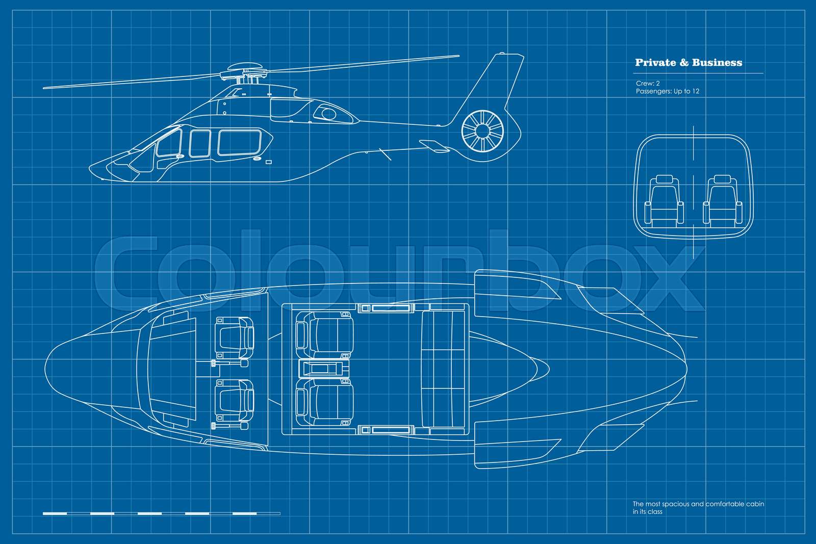 Outline private helicopter interior. Cockpit blueprint. Top, side view ...