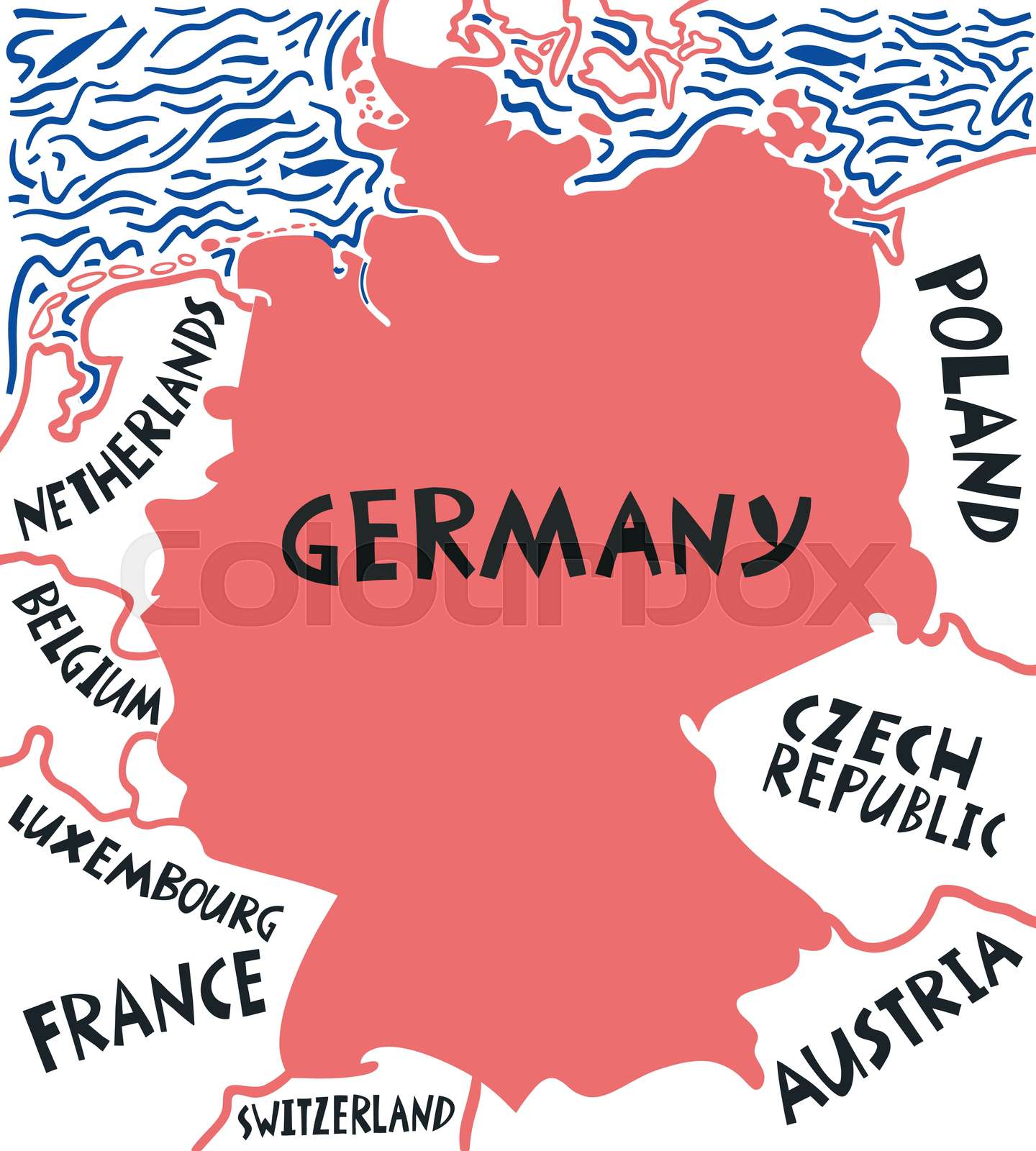 Vector hand drawn stylized map of Germany neighboring countries. Travel ...
