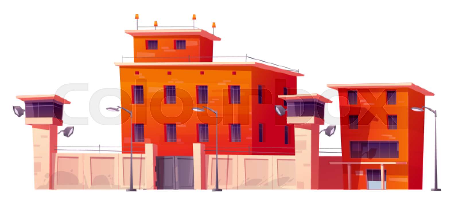 Prison building, jail with fence and watchtowers | Stock vector | Colourbox