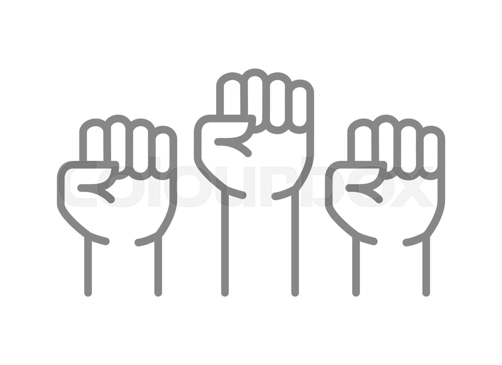 Three raised fists line icon. Teamwork, cooperation, togetherness ...
