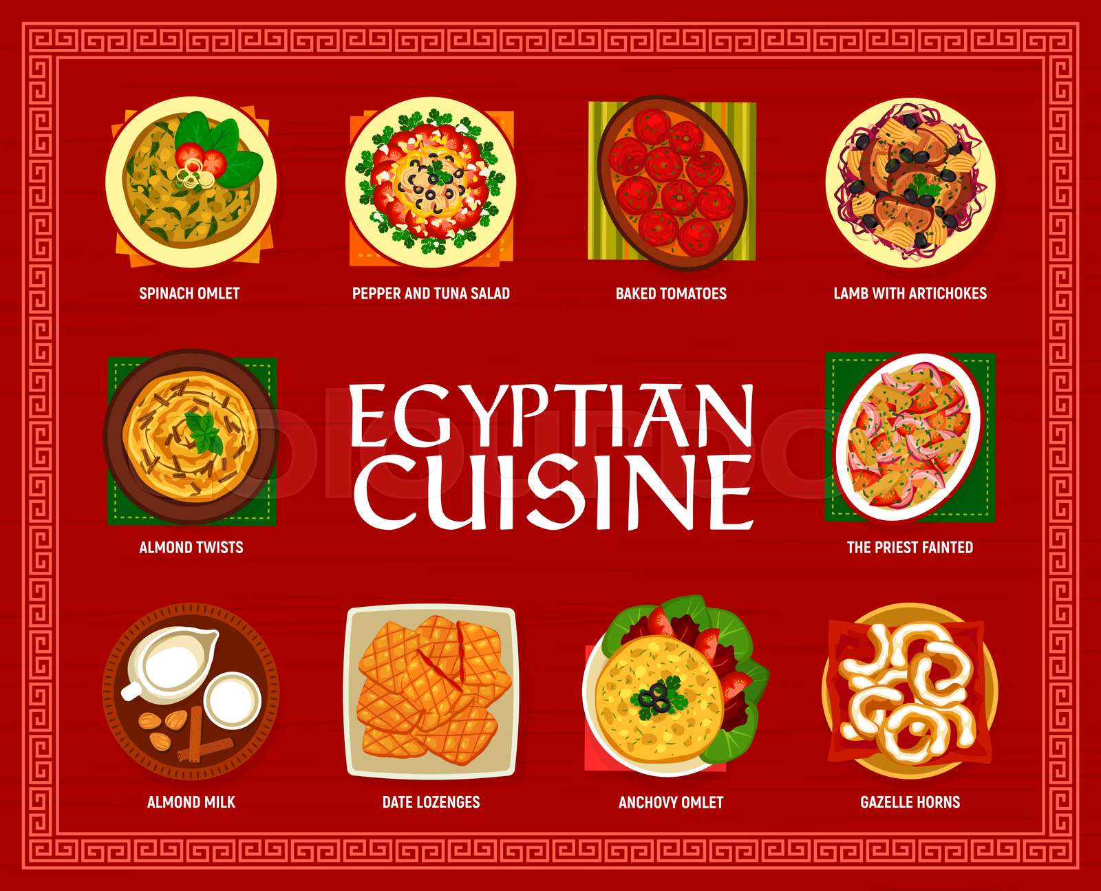 Egyptian cuisine menu with food dishes and meals | Stock vector | Colourbox