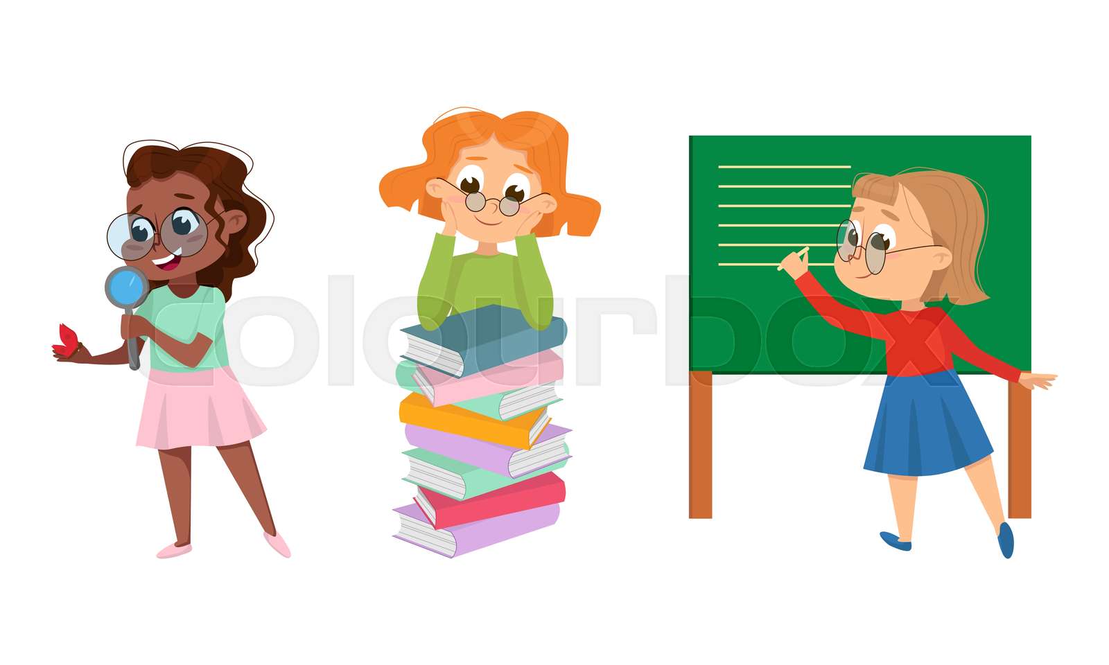 Cute Girl Nerd in Glasses Standing at Blackboard in Class and Watching Butterfly in Magnifying ...