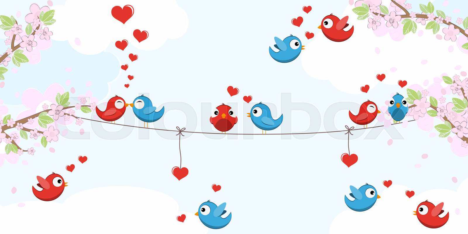 Birds in love on strings | Stock vector | Colourbox