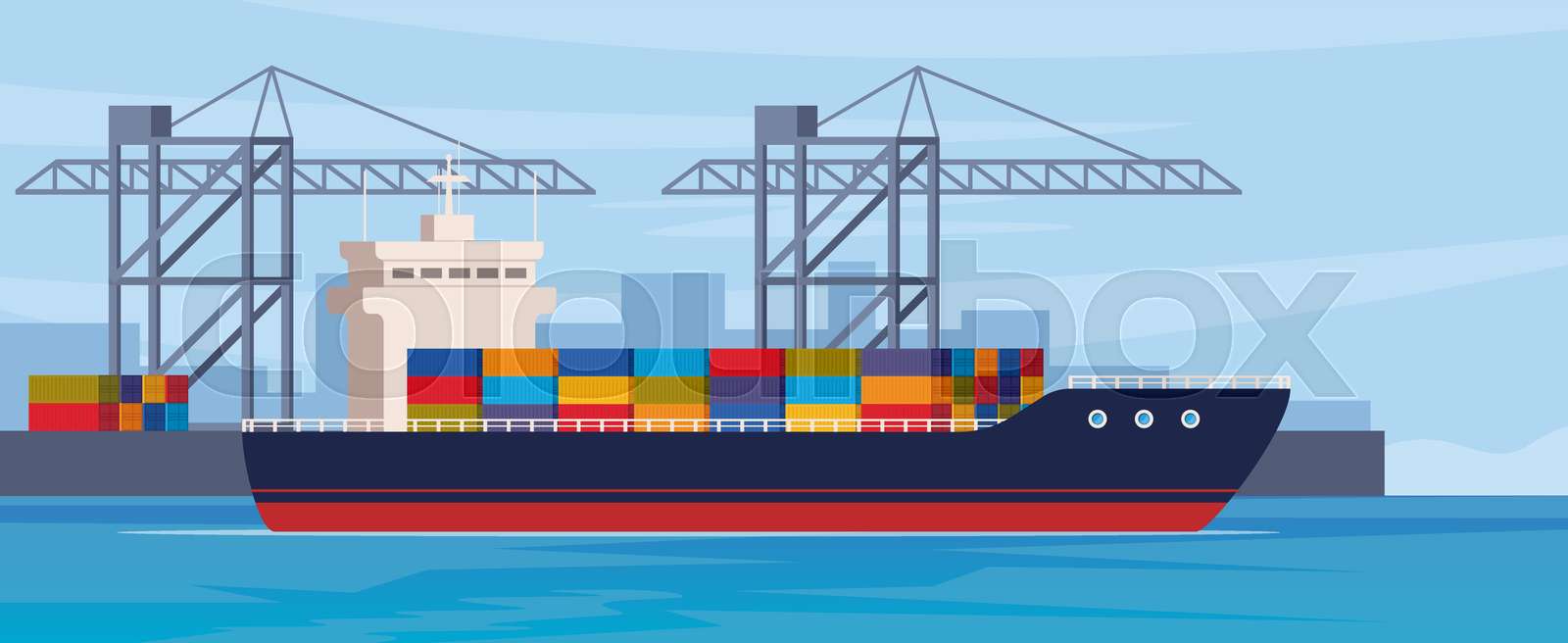 Cargo ship loading in city port. Cranes on dockside, pier unloading ...