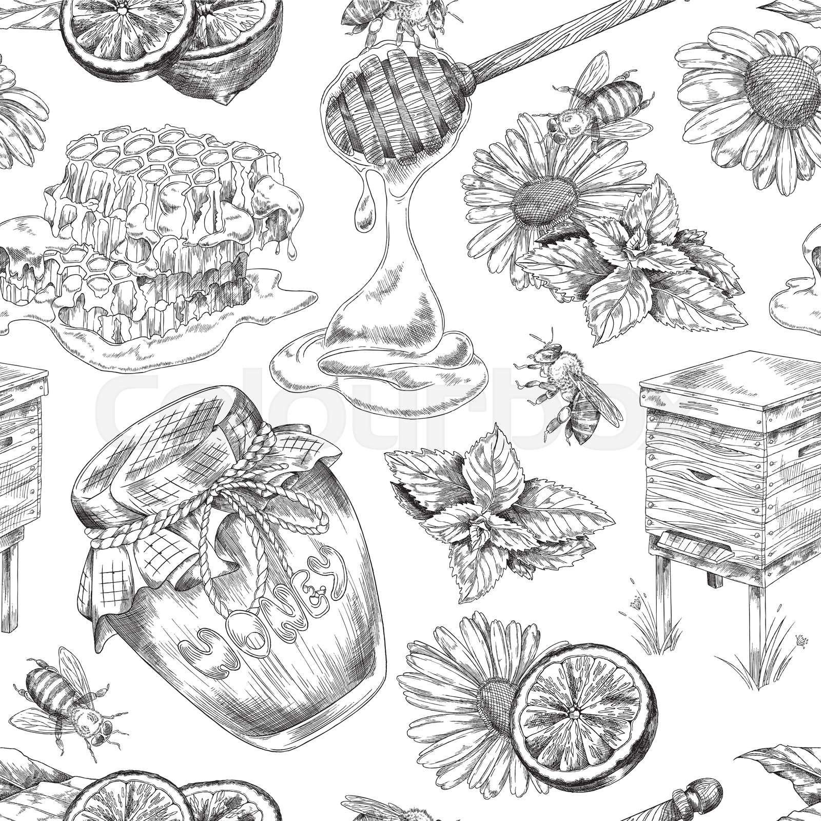 Honey seamless pattern with honeycombs and jars of honey, vector ...
