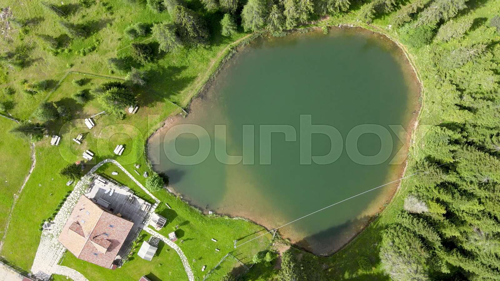 Alpin lake in summer time surrounded by beautiful forest, overhead ...