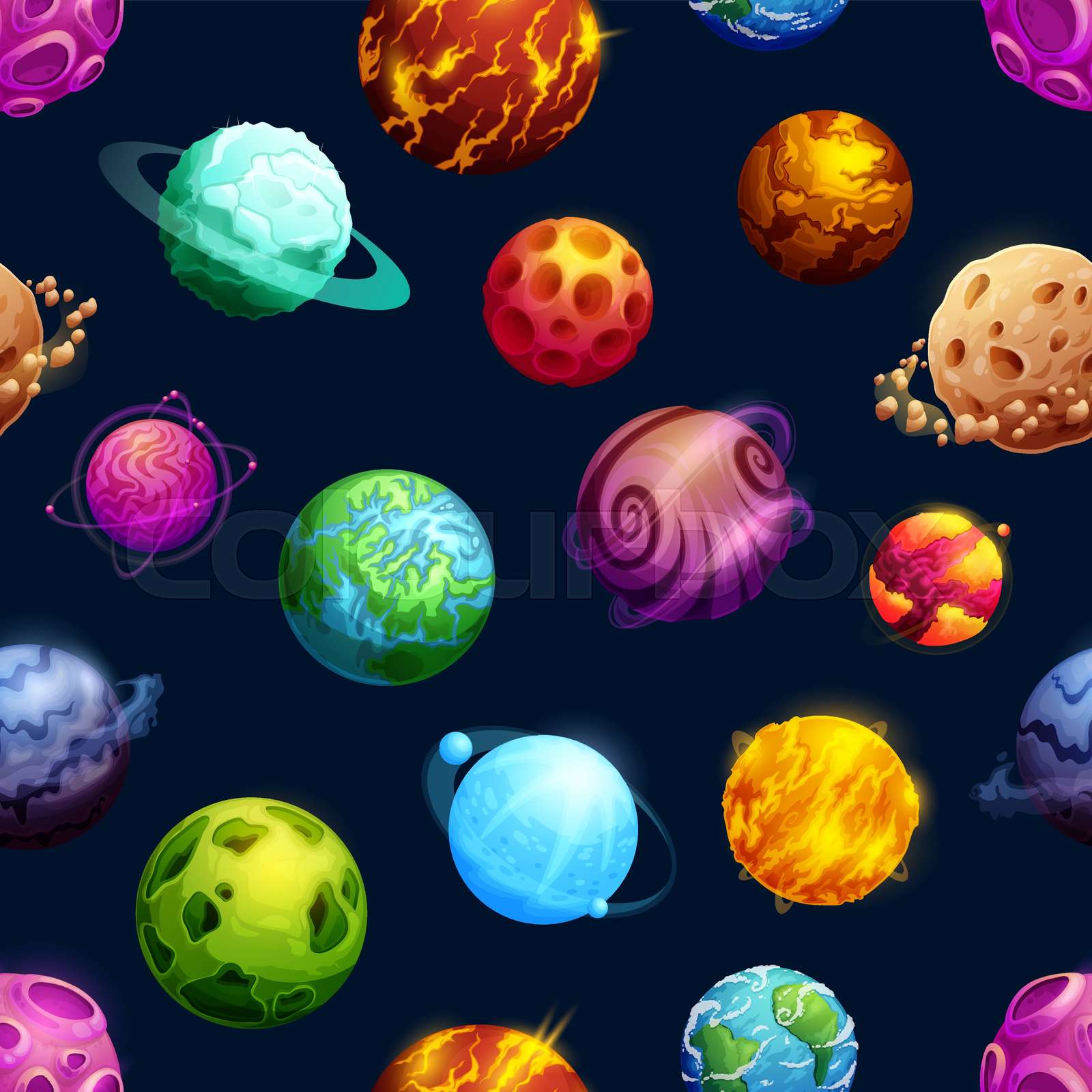 Cartoon space planets, stars seamless pattern | Stock vector | Colourbox