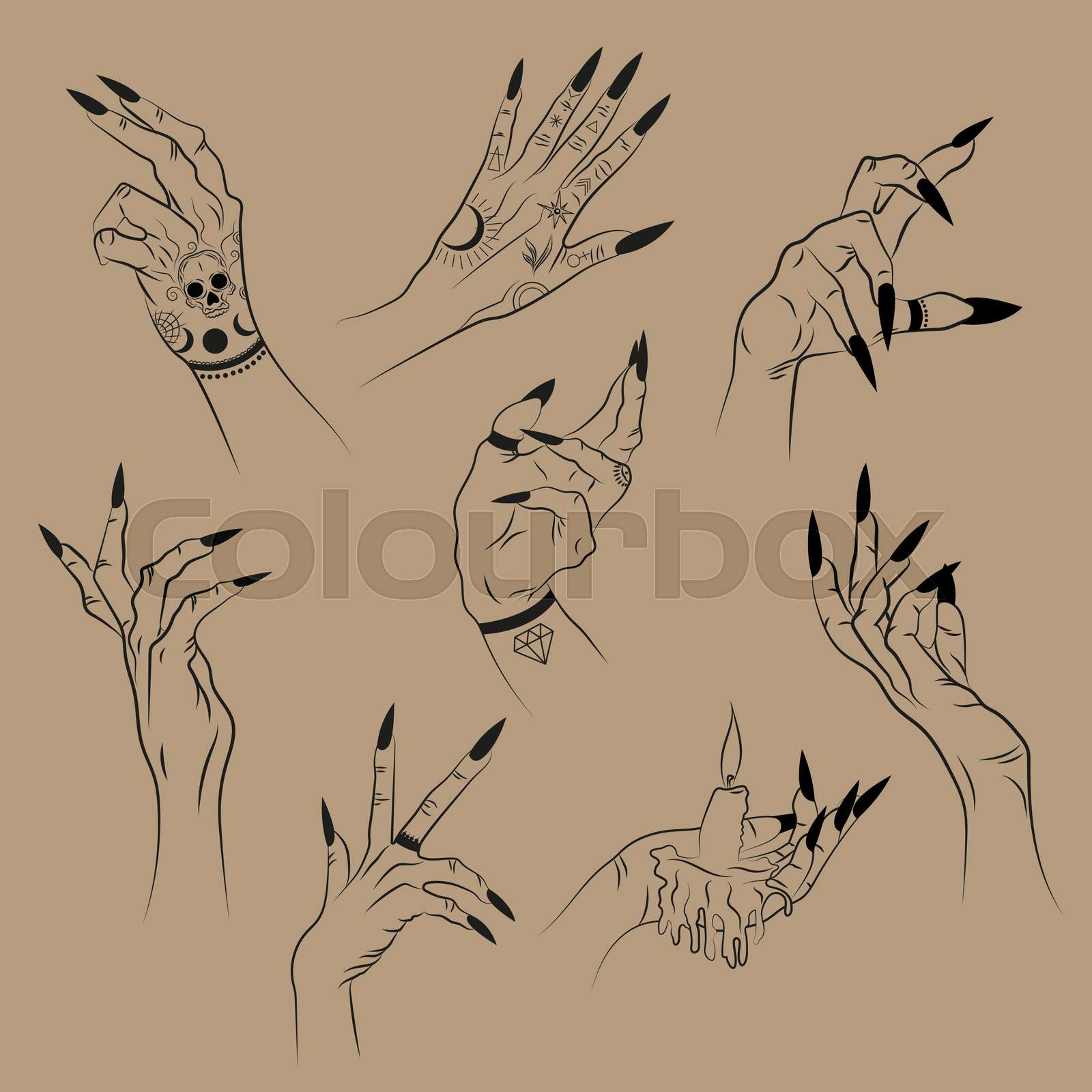 Hand drawn set of female witches with hands in different poses. | Stock ...