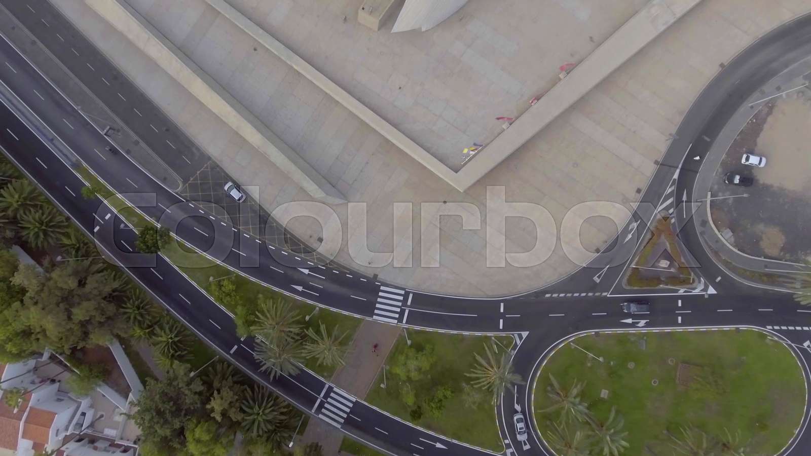Overhead aerial view city road intersections and roundabout. | Stock ...