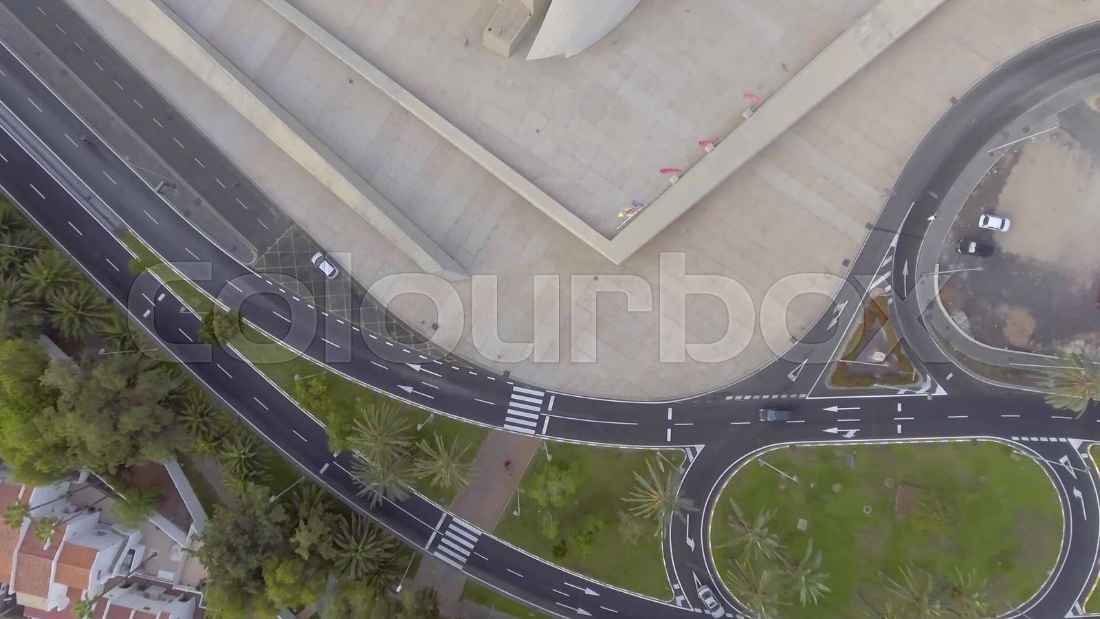 Overhead aerial view city road intersections and roundabout. | Stock ...