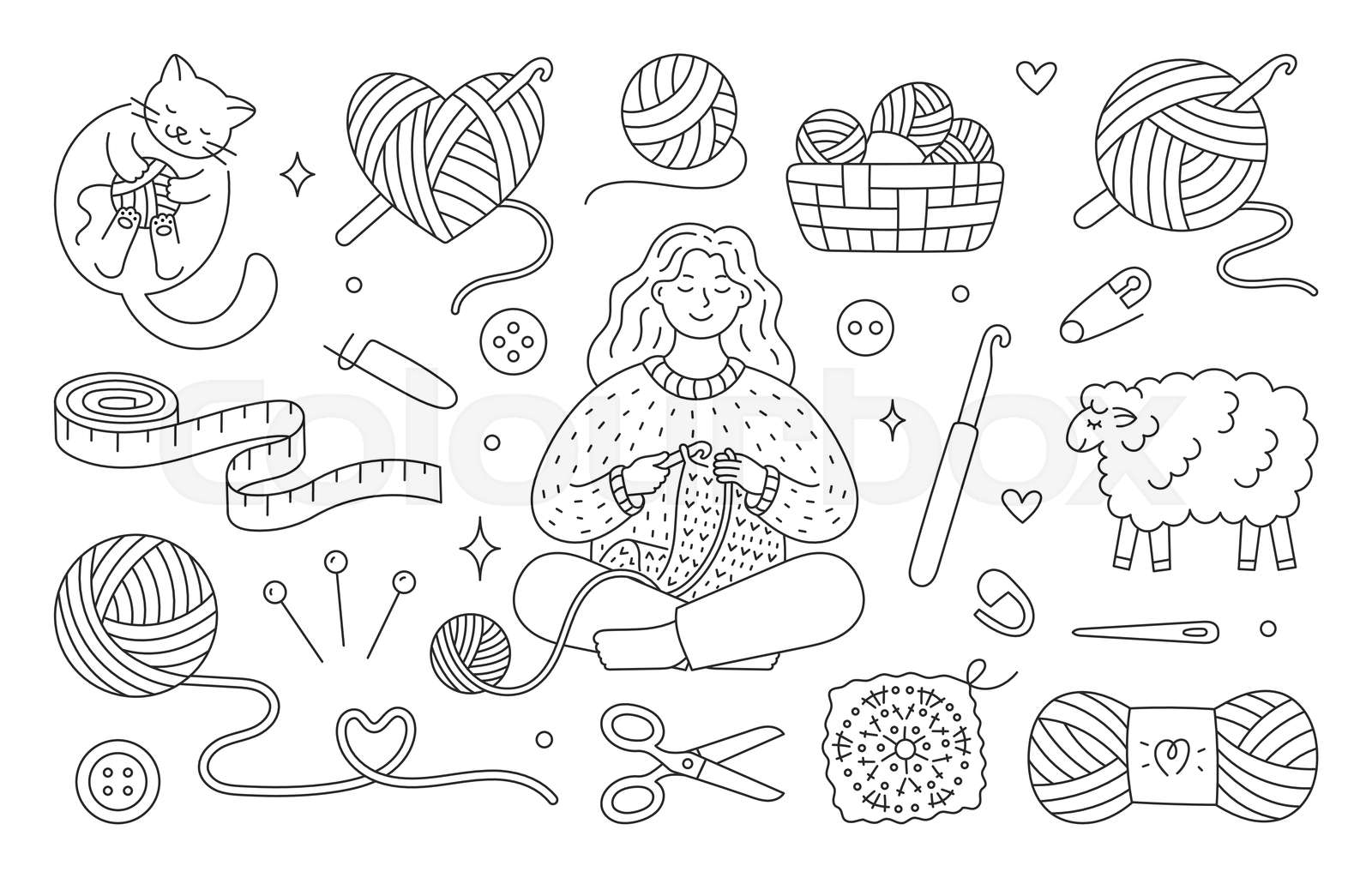 Crochet doodle illustration including - girl knitting clothes, cat ...