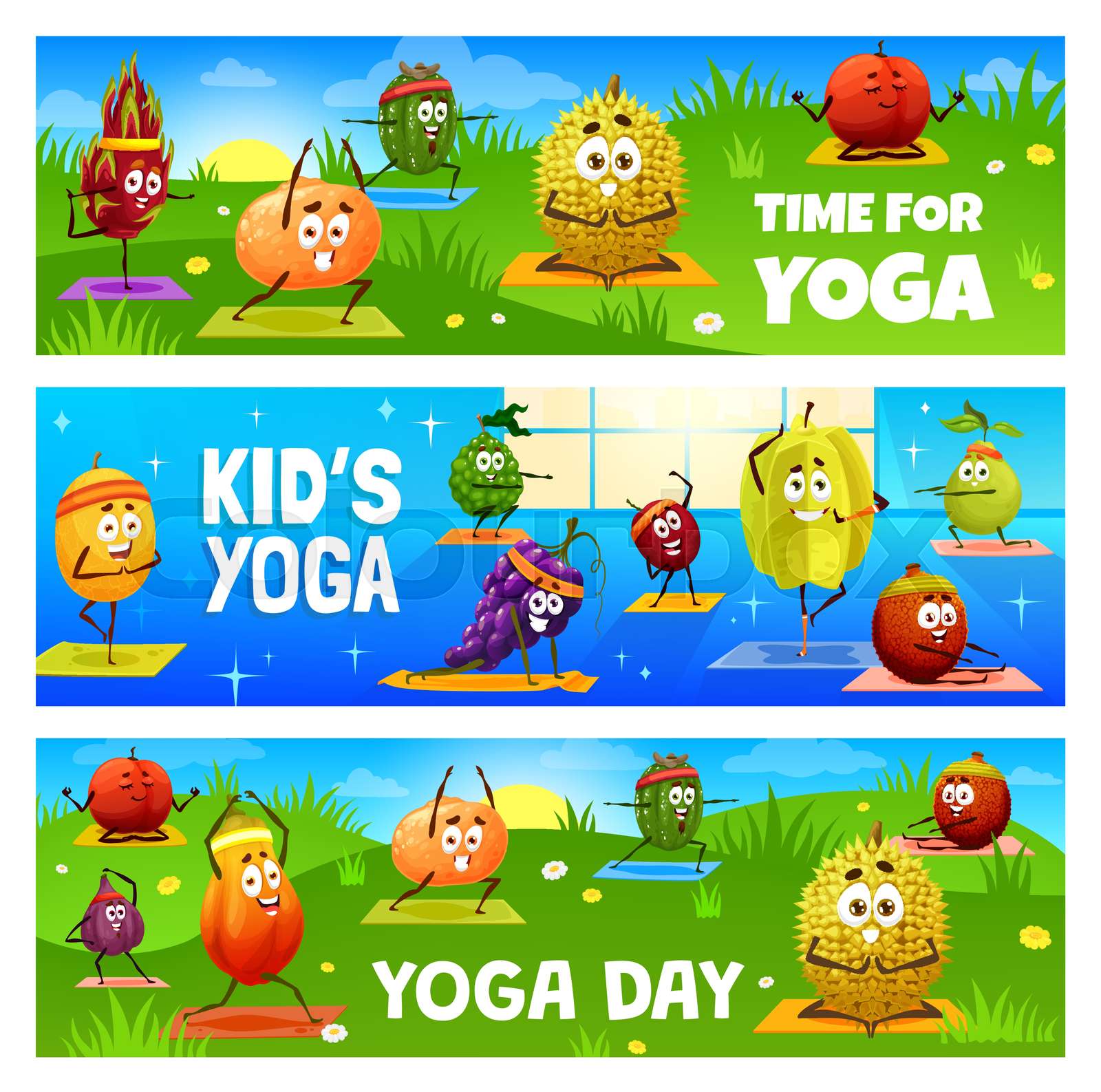 Kids Yoga Day Pilates Fitness With Cartoon Fruits Stock Vector
