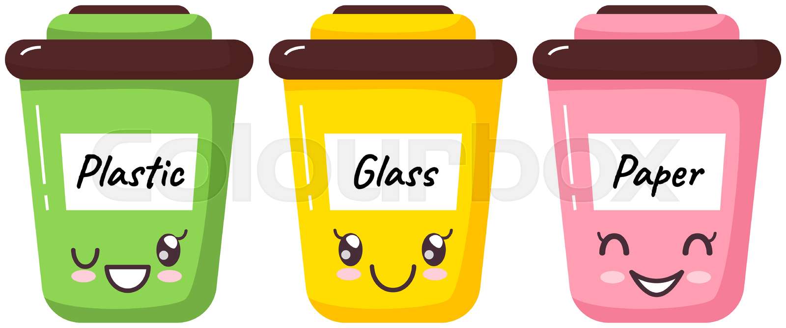 Garbage sorting containers in cute kawaii style. Different recycle bins ...