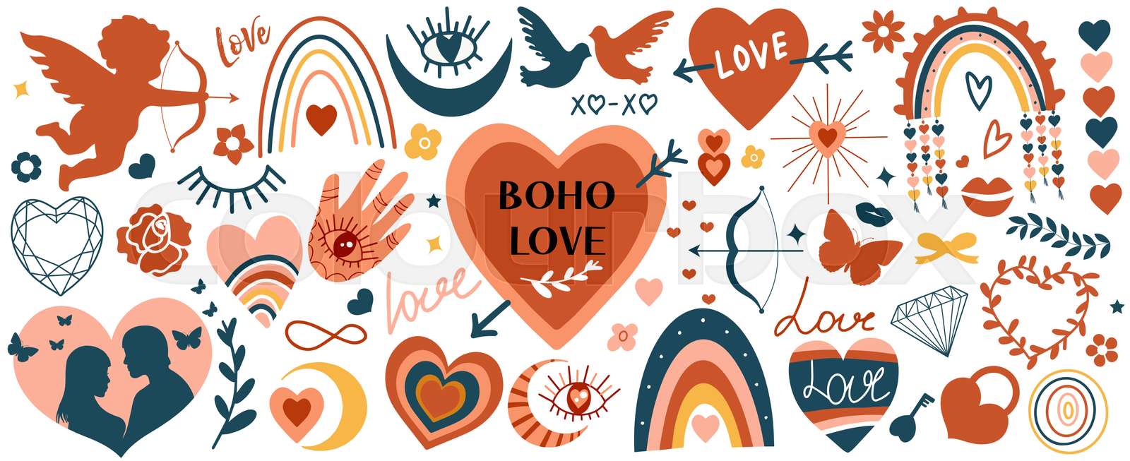 Abstract boho doodles for valentine's day big set. Heart, hands, love ...