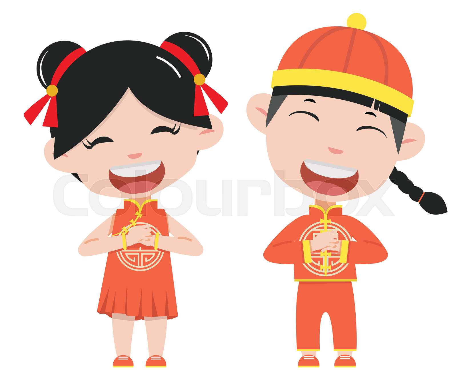 Chinese Kids cartoon greeting pose | Stock vector | Colourbox