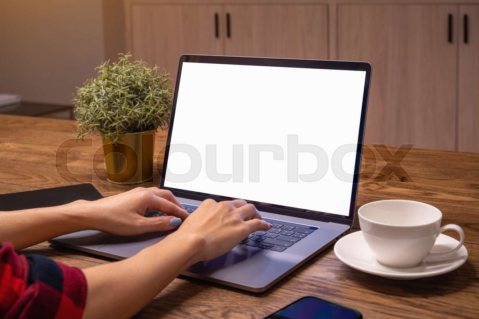 Woman working on laptop with white screen. Work from home. | Stock ...