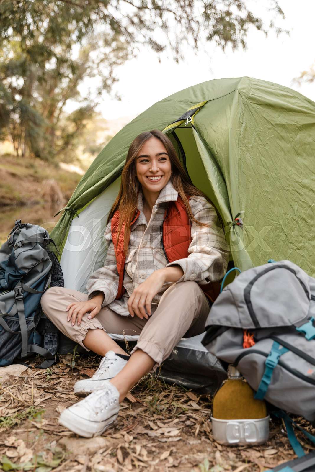 Happy Camping Girl Forest Sitting Tent Stock Image Colourbox