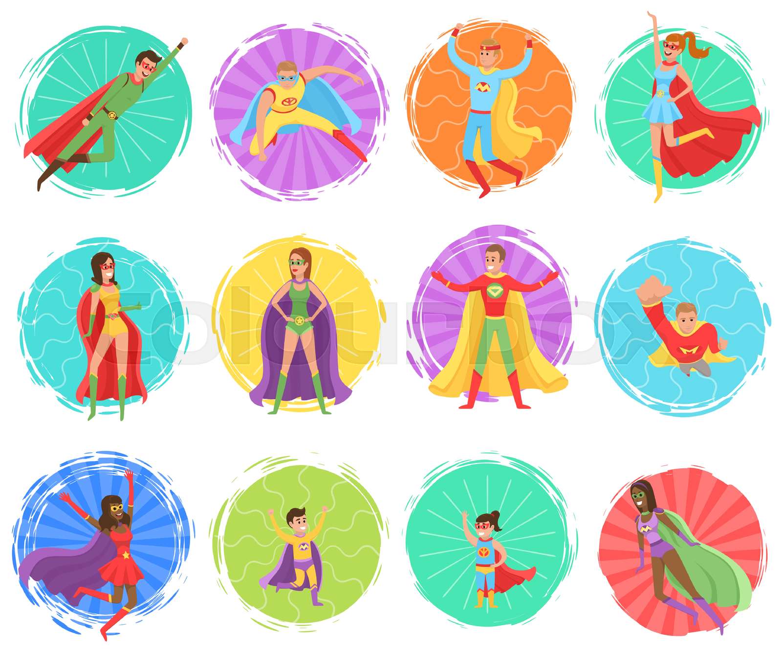 Strong super man smiles and flies to save world. Brave character in ...