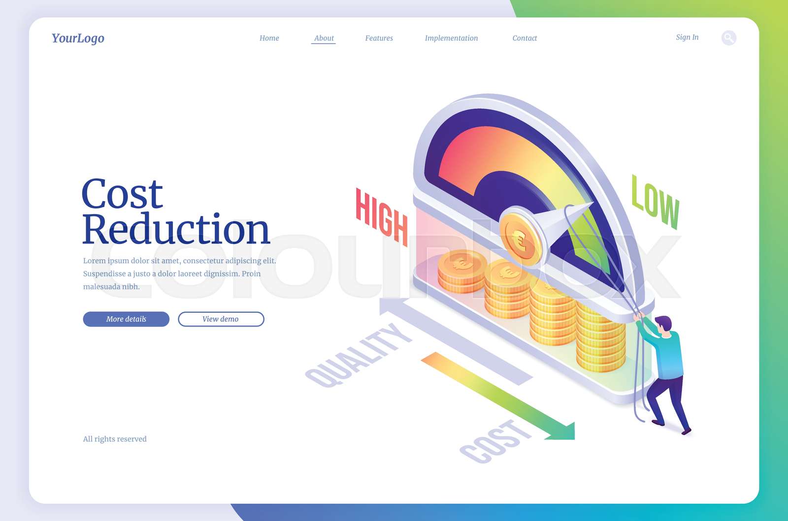 Cost reduction isometric landing page, web banner | Stock vector ...