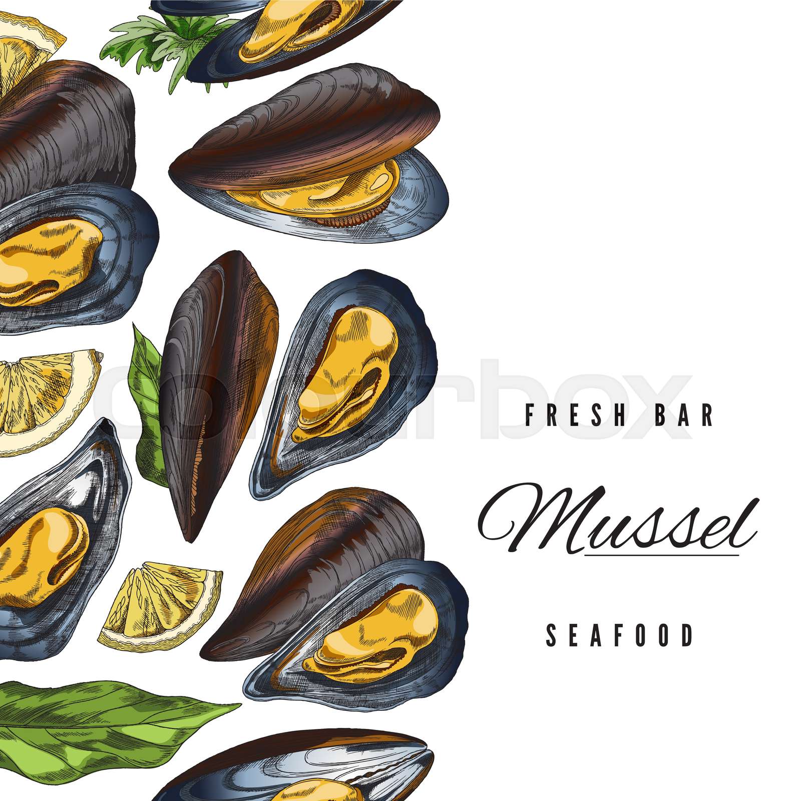 Square banner or poster, restaurant menu cover with mussels vector ...