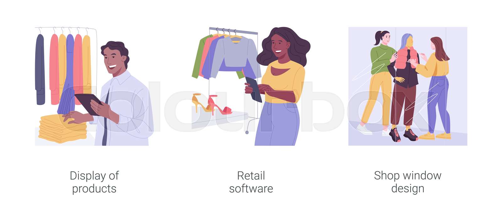 Apparel retailer isolated cartoon vector illustrations set. | Stock ...
